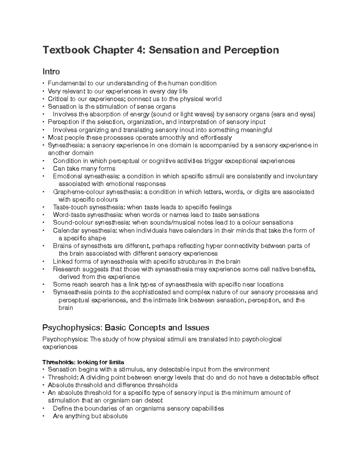 PSYC1001 Textbook Chapter 4 - Textbook Chapter 4: Sensation and ...