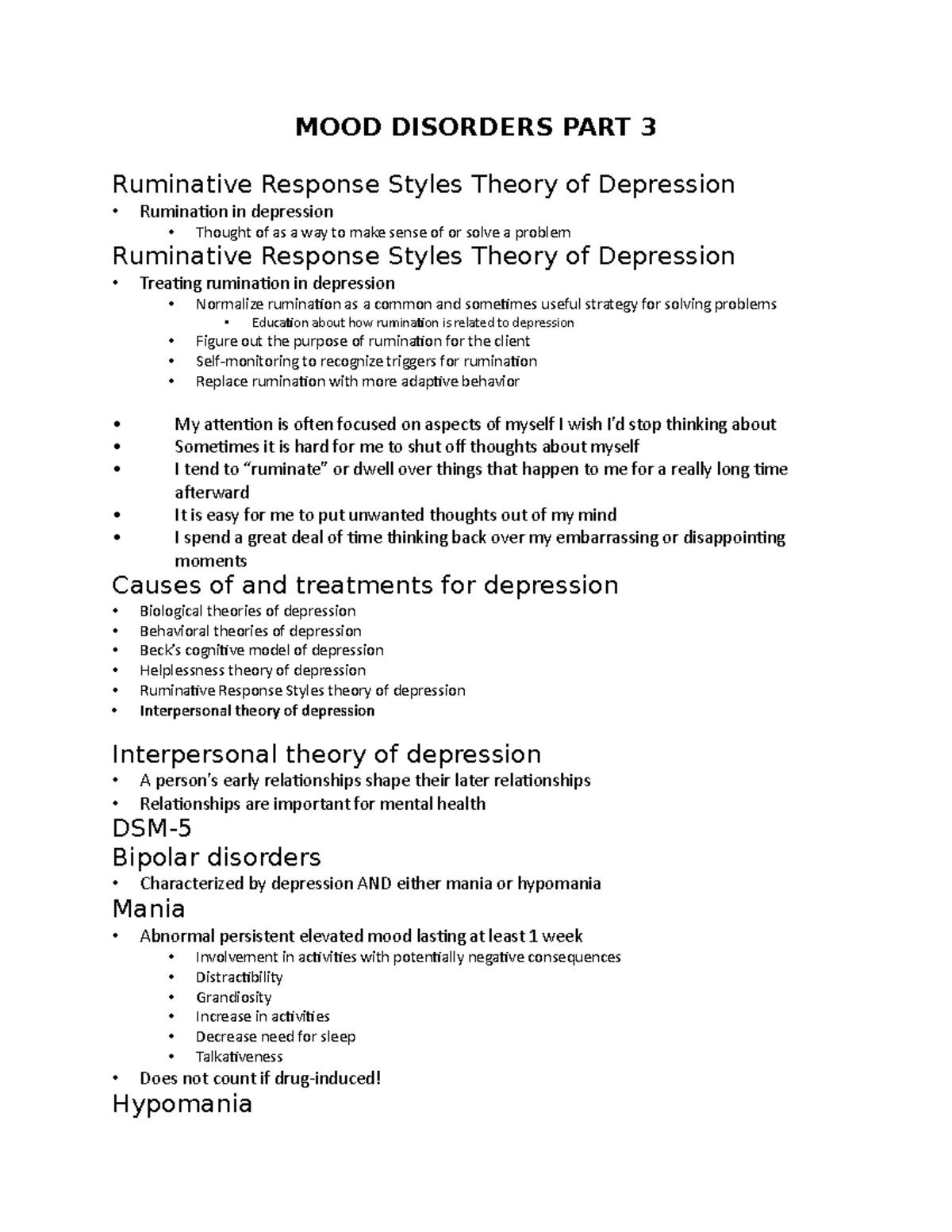 MOOD Disorders PART 3 - MOOD DISORDERS PART 3 Ruminative Response ...