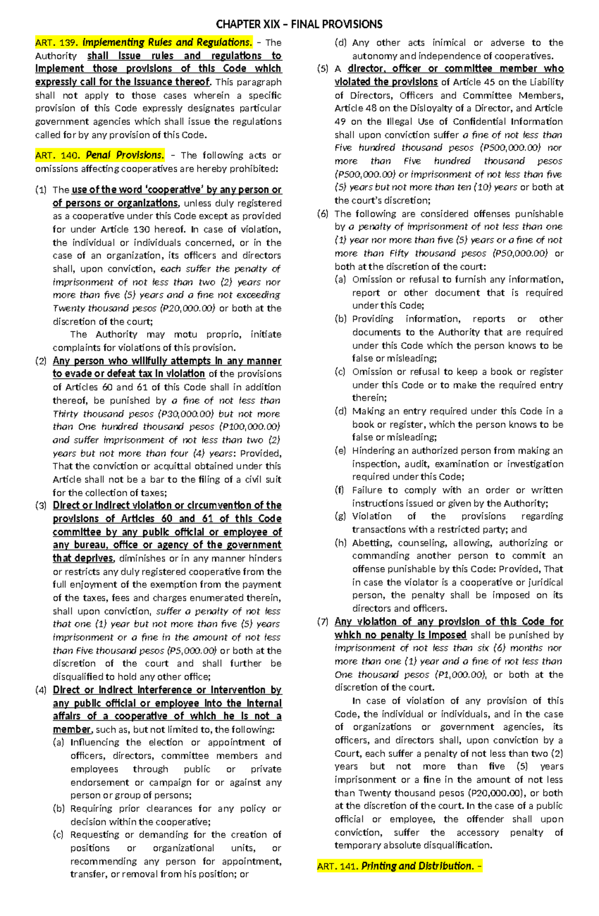 Ch 19 - Cooperative chapter 19 outline - CHAPTER XIX – FINAL PROVISIONS ...