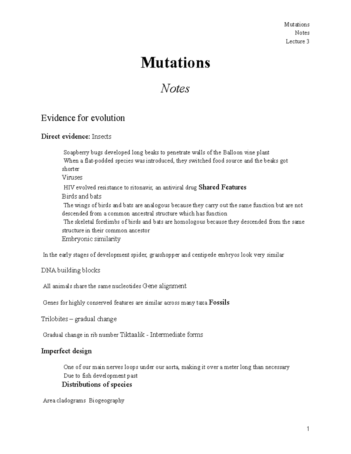 Mutations Lecture Notes 3 Notes Lecture 3 Mutations Notes Evidence