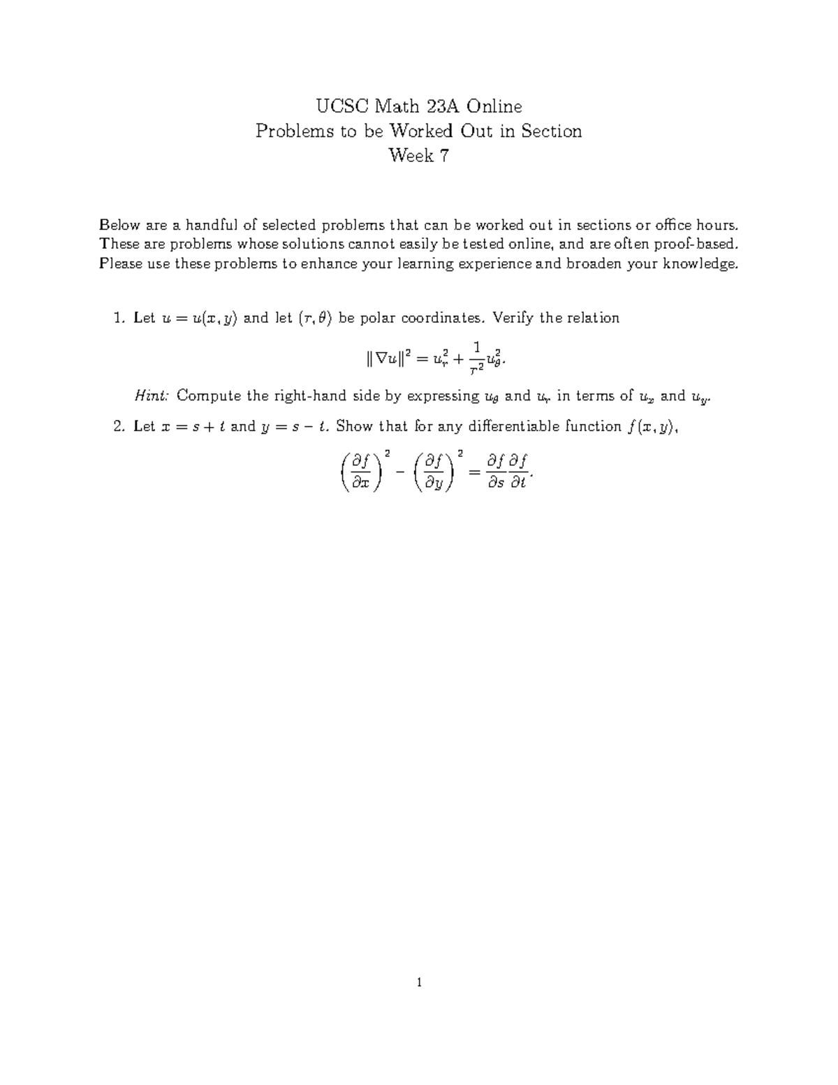 23A Week 7 Supplemental Problems - UCSC Math 23A Online Problems to be ...