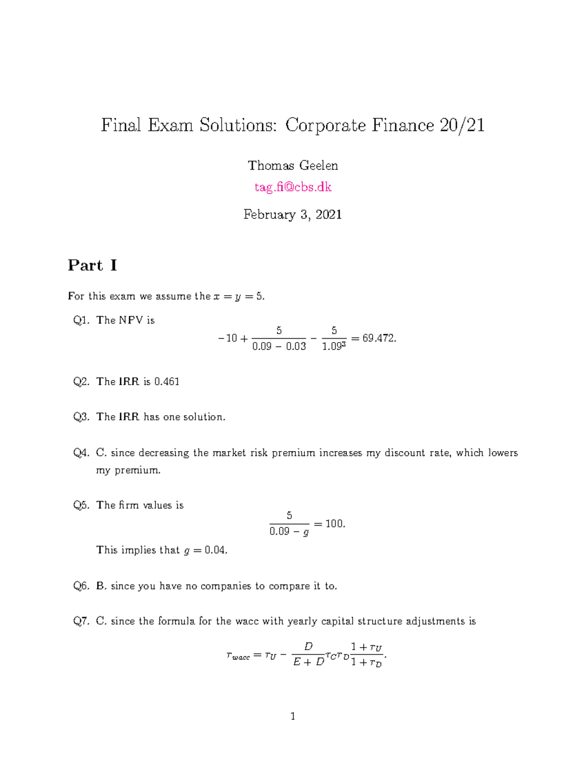 Final exam 20 solutions - Final Exam Solutions: Corporate Finance 20 ...