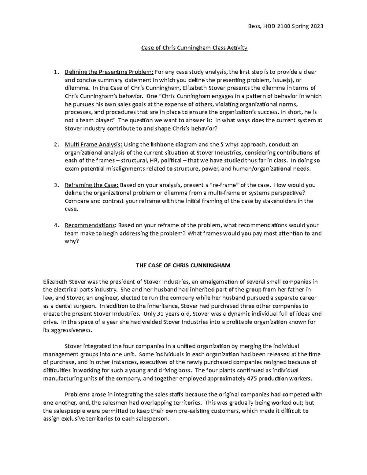 Case of Chris Cunningham Class Activity - Case of Chris Cunningham ...