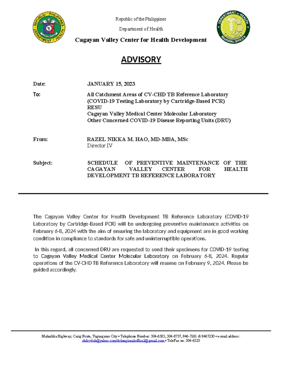 ADVISORY FOR PREVENTIVE MAINTENANCE - Republic of the Philippines ...