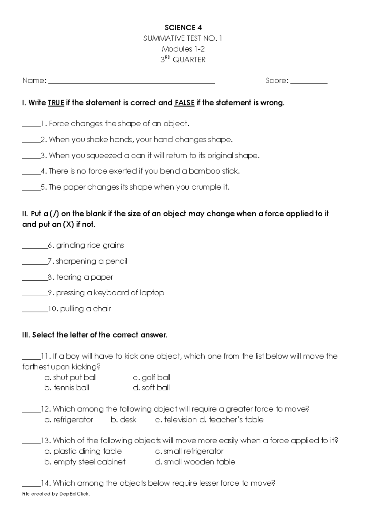 SCI4 ST1 Q3 - science - SCIENCE 4 SUMMATIVE TEST NO. 1 Modules 1- 3 RD ...