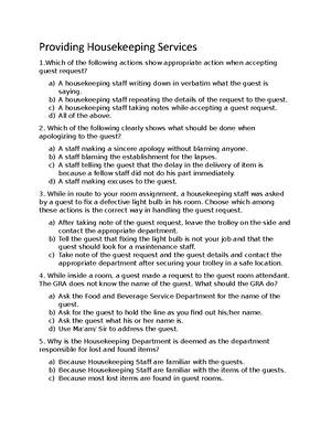 Housekeeping Services Final Exam Part 2 - Providing Housekeeping ...
