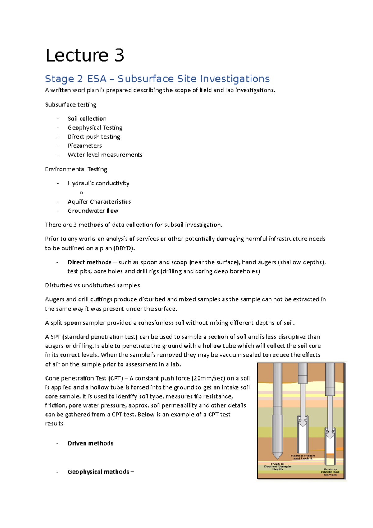 Lecture 3 - Lecture 3 Stage 2 ESA – Subsurface Site Investigations A written worl plan is ...