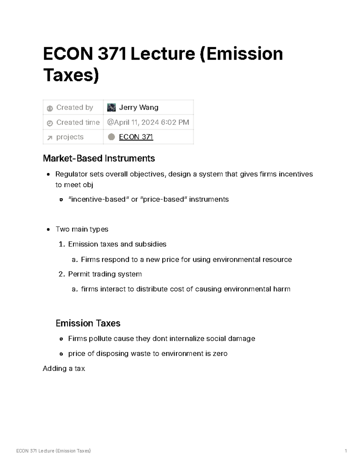 ECON 371 Lecture (Emission Taxes) - ECON 371 Lecture (Emission Taxes) Created by Jerry Wang ...