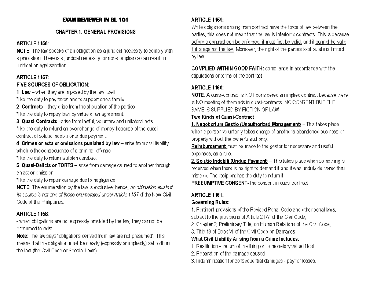 EXAM Reviewer IN BL 101 - EXAM REVIEWER IN BL 101 CHAPTER 1: GENERAL ...