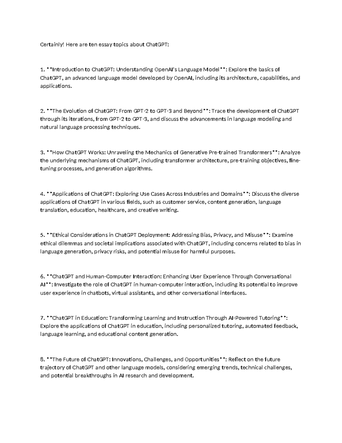 Coursehero 20 - Certainly! Here are ten essay topics about ChatGPT: Introduction to ChatGPT ...