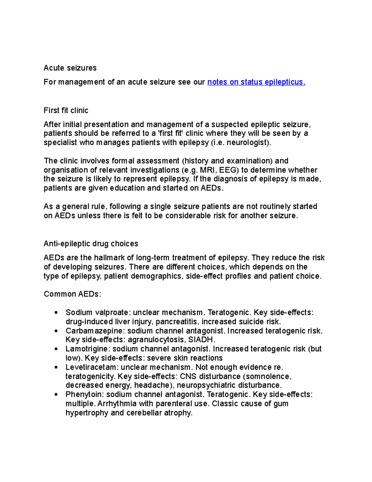 Acute seizures - Lecture notes 1 - Acute seizures For management of an ...