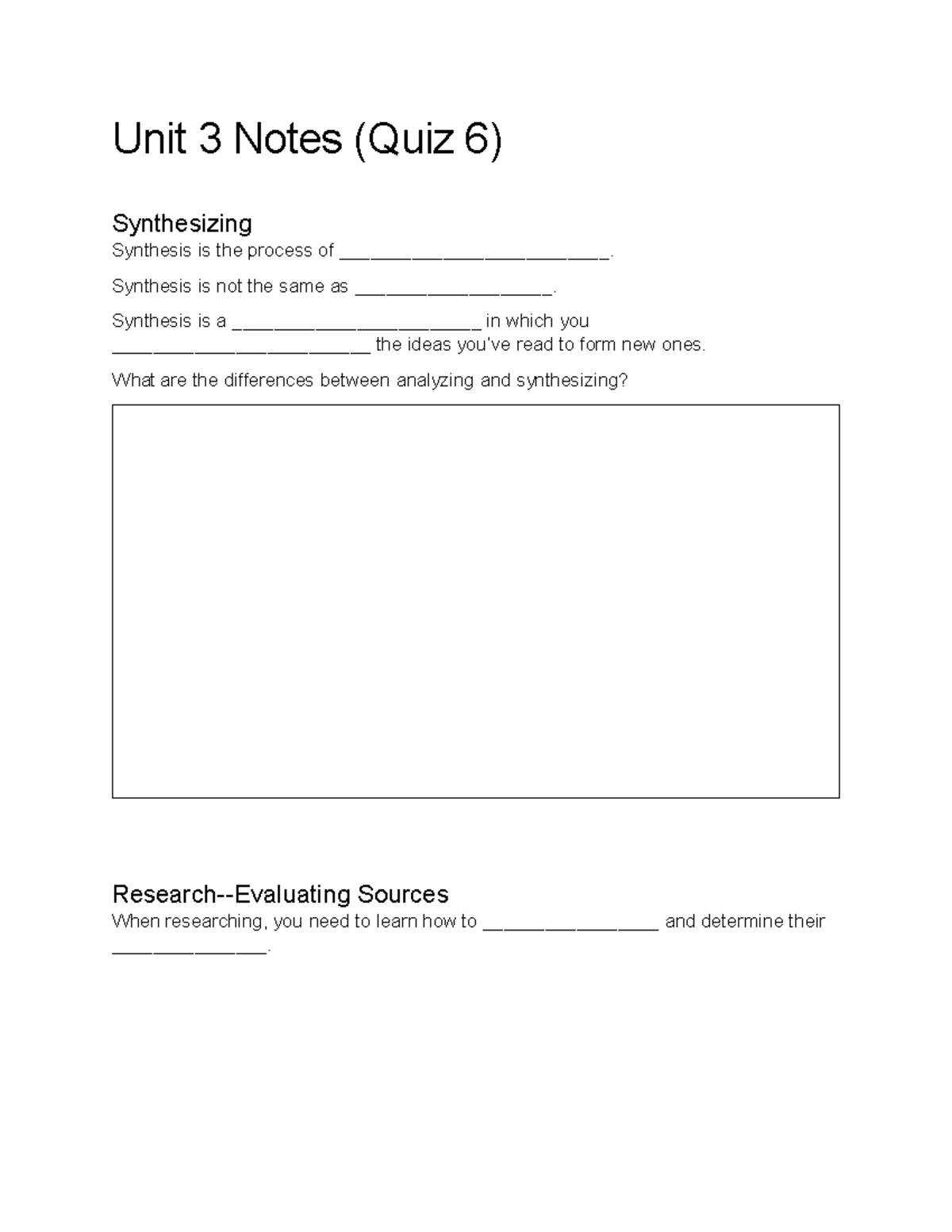 Quiz 6 notes Editable Forms - Unit 3 Notes (Quiz 6) Synthesizing ...