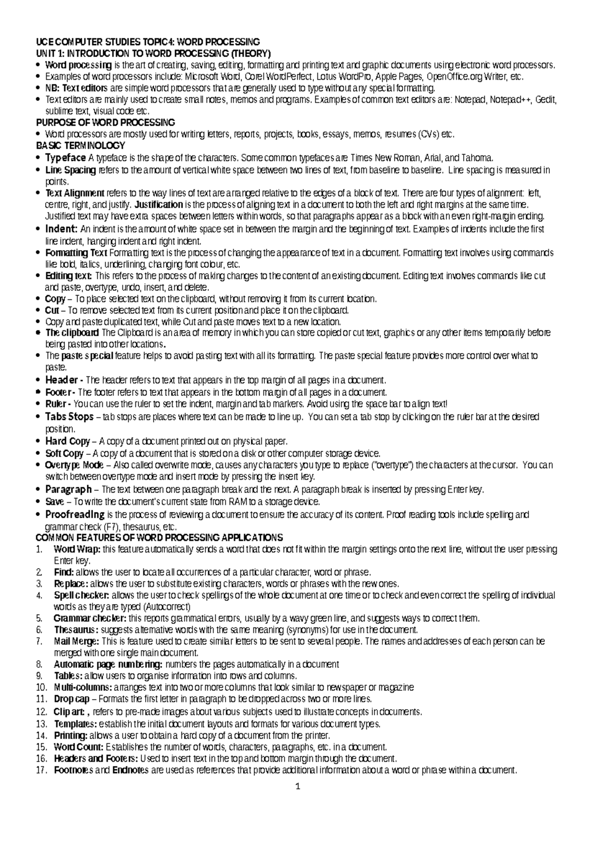 Introduction to Word Processing - UCE COMPUTER STUDIES TOPIC4: WORD ...