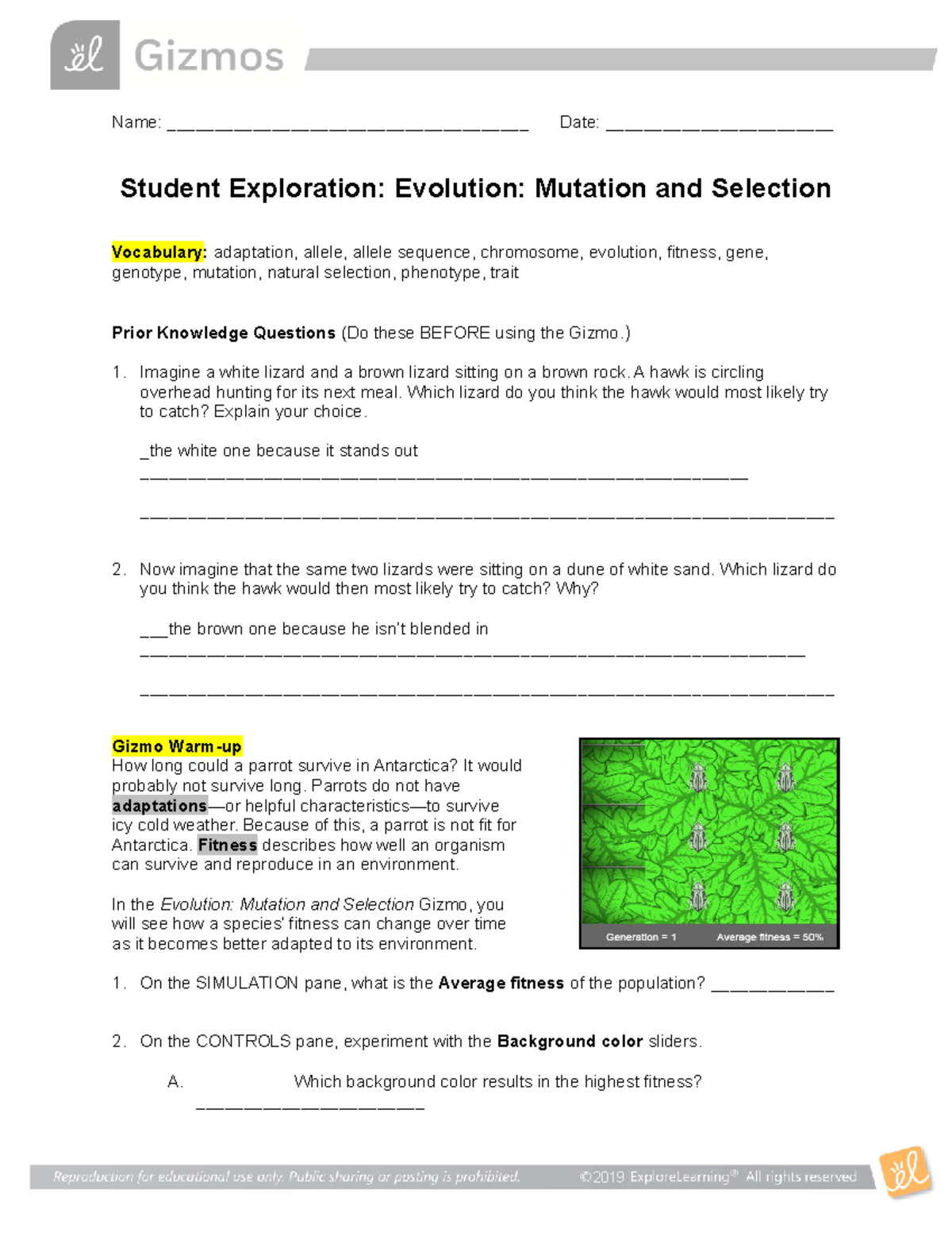 Evolution Mutation Selection 2020 - Name ...