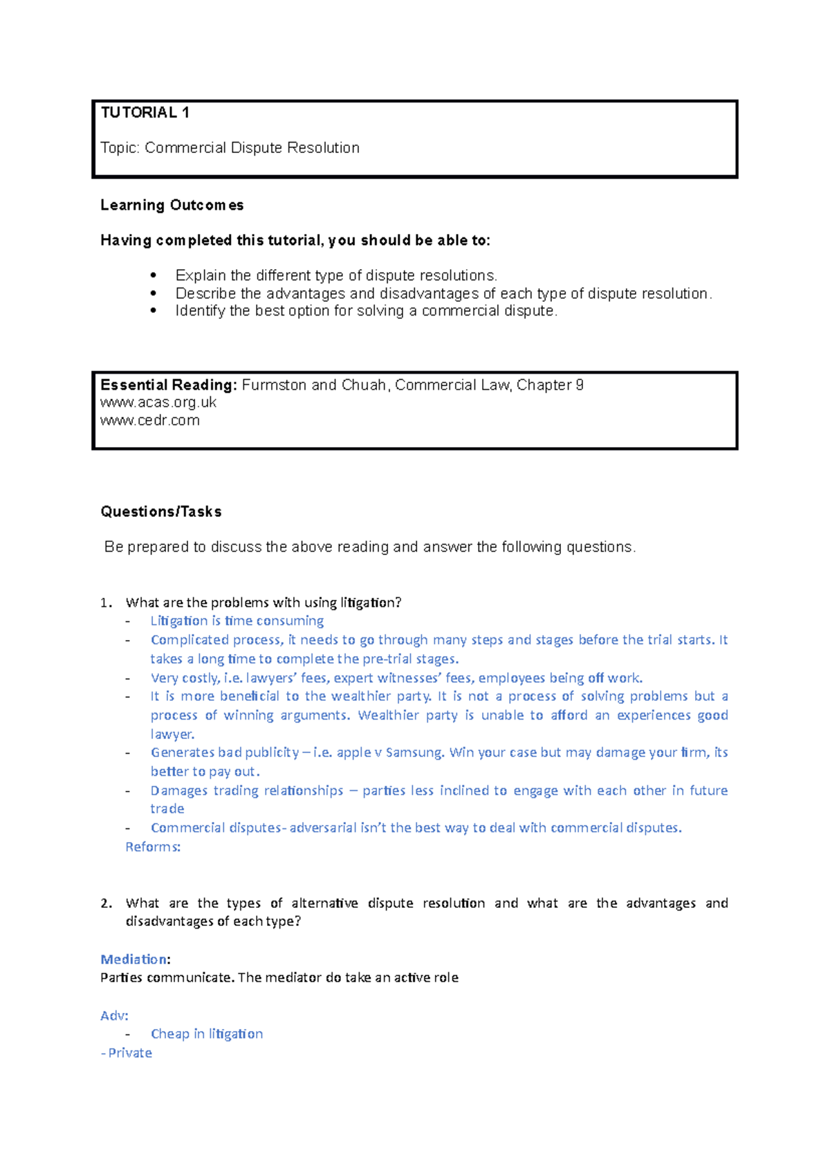 Term 2 tutorial 1 - TUTORIAL 1 Topic: Commercial Dispute Resolution ...
