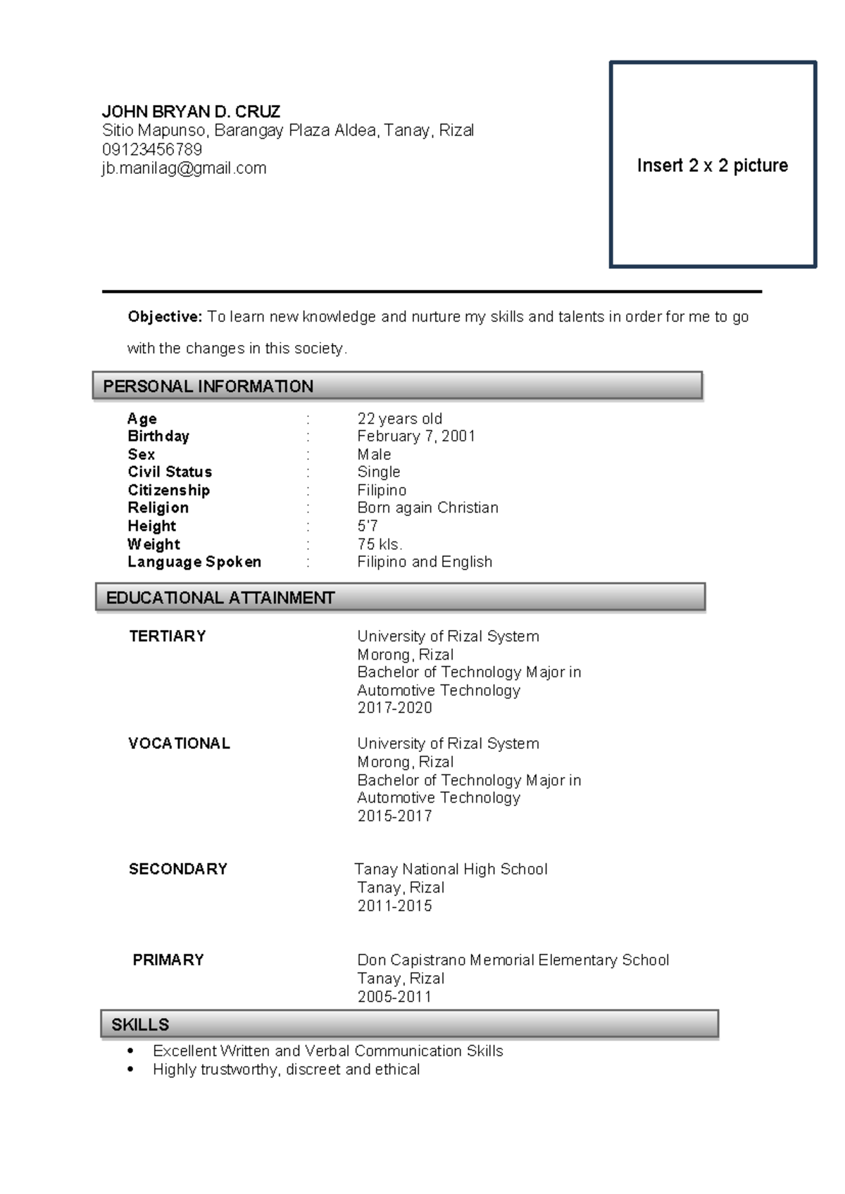 Sample- Resume - JOHN BRYAN D. CRUZ Sitio Mapunso, Barangay Plaza Aldea ...
