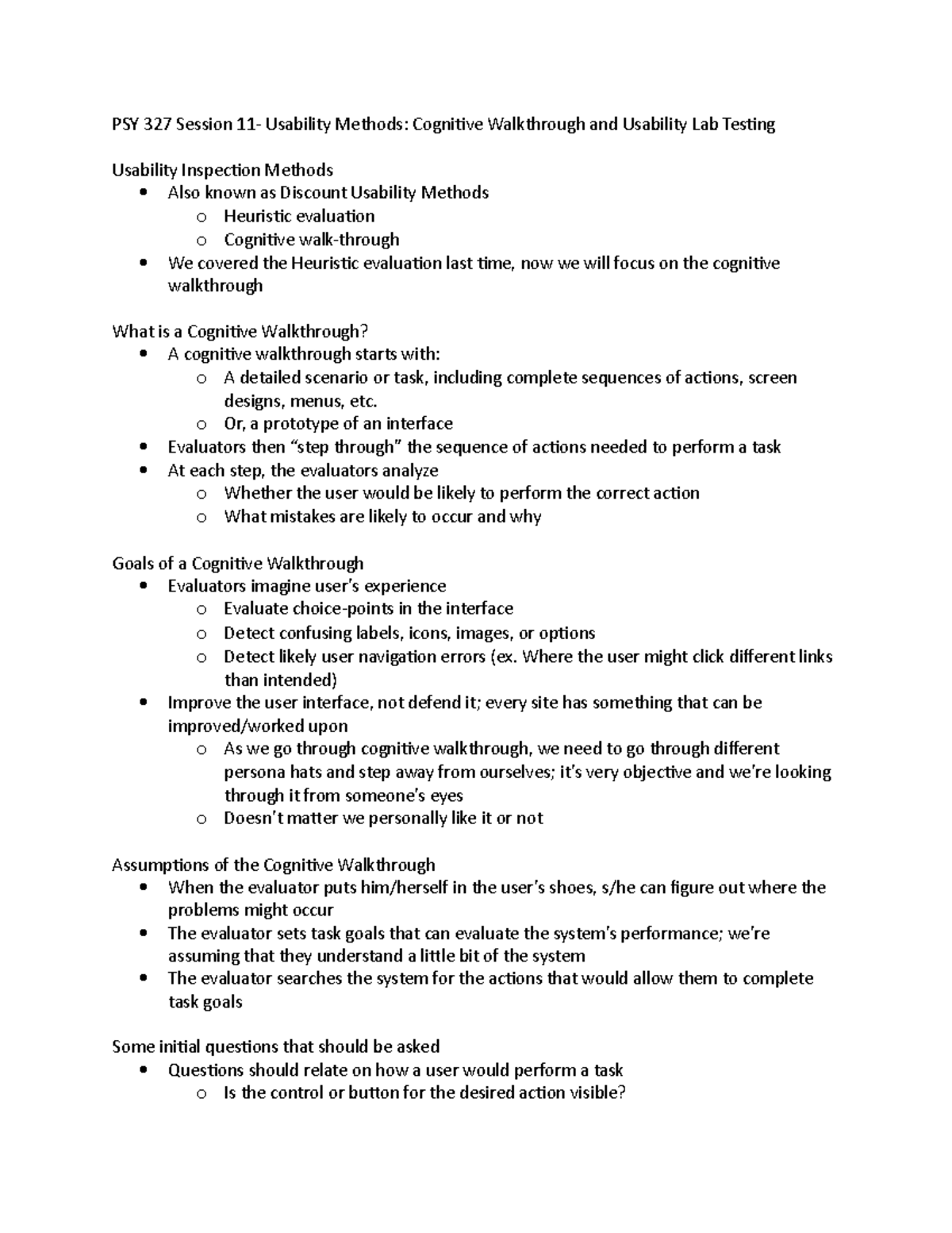 PSY 327- Session 11 Notes - PSY 327 Session Usability Methods ...