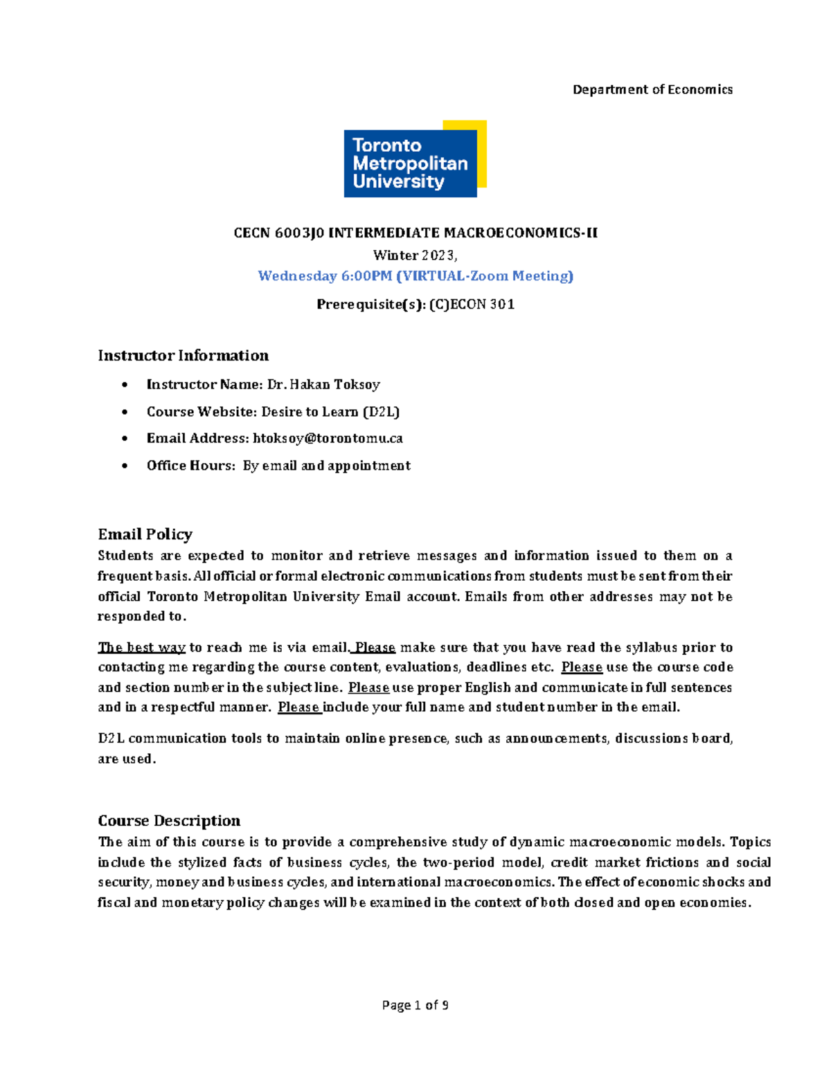 ECN600 W2023 Outline - Department of Economics CECN 6003J0 INTERMEDIATE ...