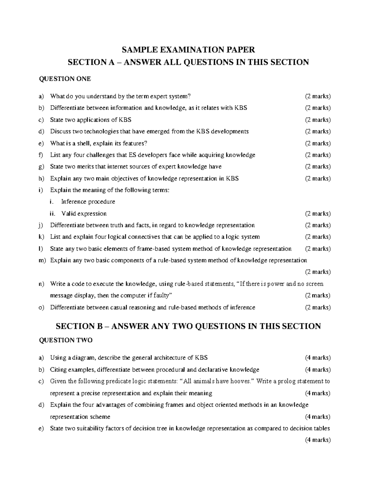 Lecture Fourteen KBS Revision - SAMPLE EXAMINATION PAPER SECTION A ...