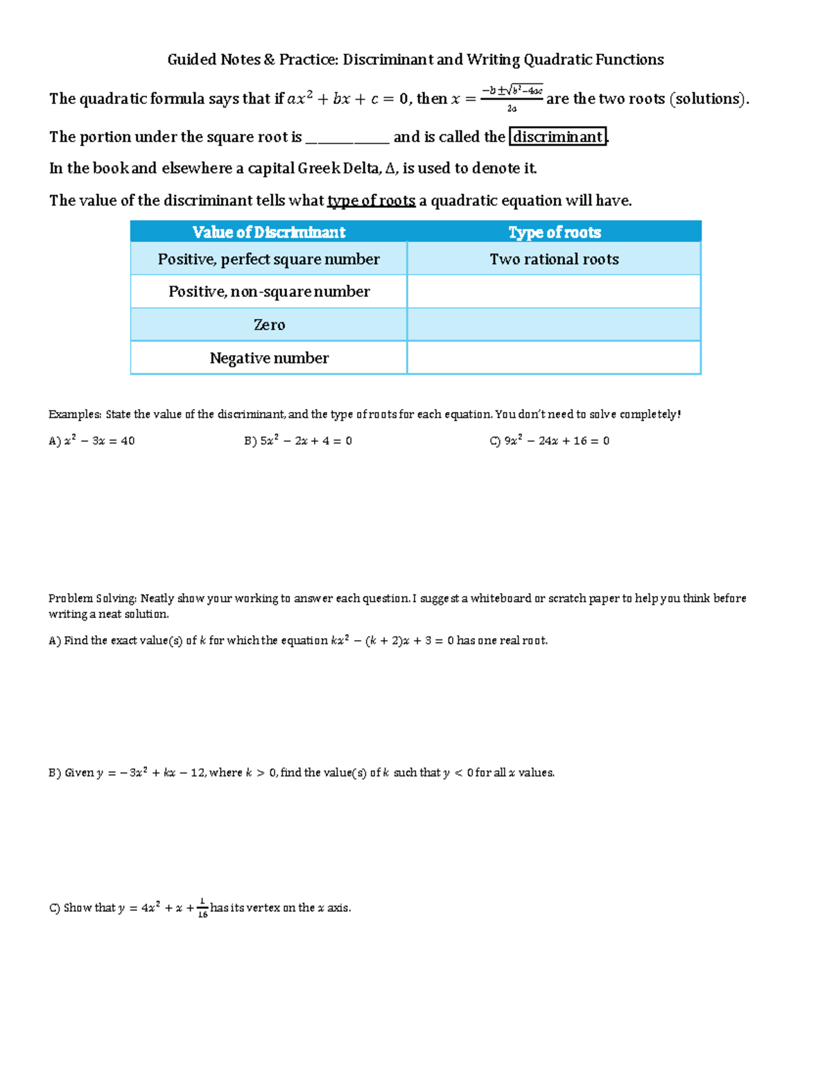 Discrim Notes Practice Blank - Guided Notes & Practice: Discriminant ...