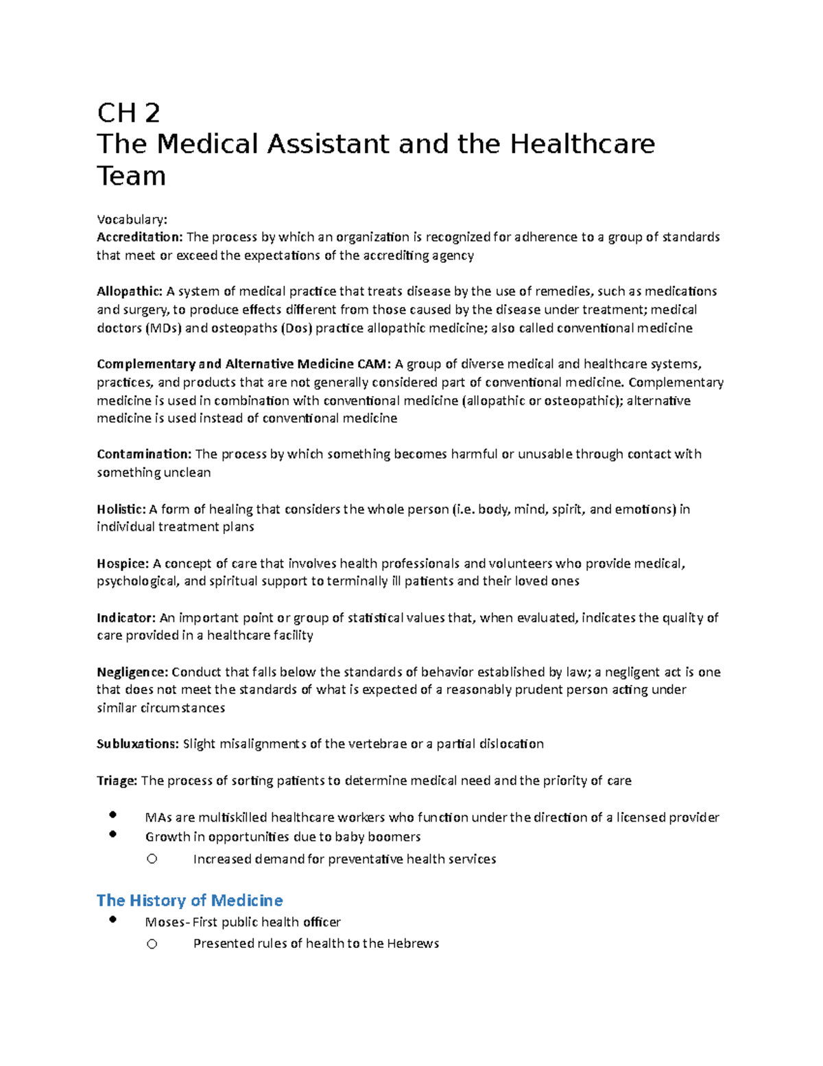 CH 2 Notes - CH 2 The Medical Assistant and the Healthcare Team ...
