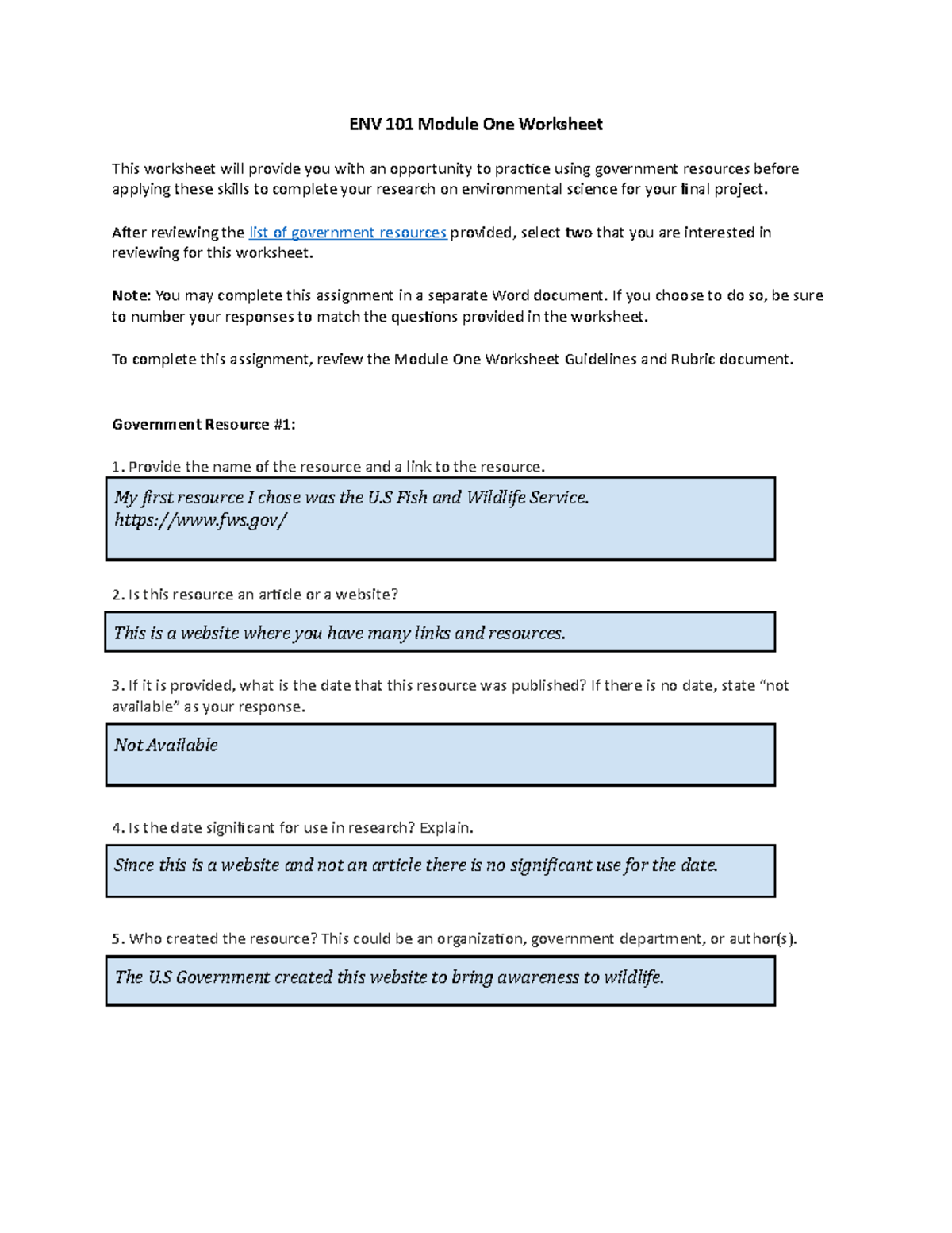Env101 module 1 worksheet - ENV 101 Module One Worksheet This worksheet ...
