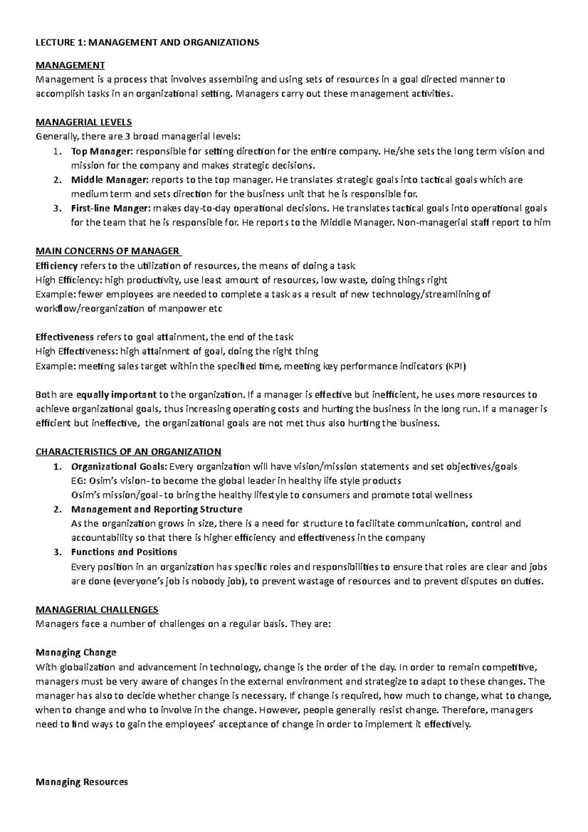 Lecture 1 notes - LECTURE 1: MANAGEMENT AND ORGANIZATIONS MANAGEMENT ...