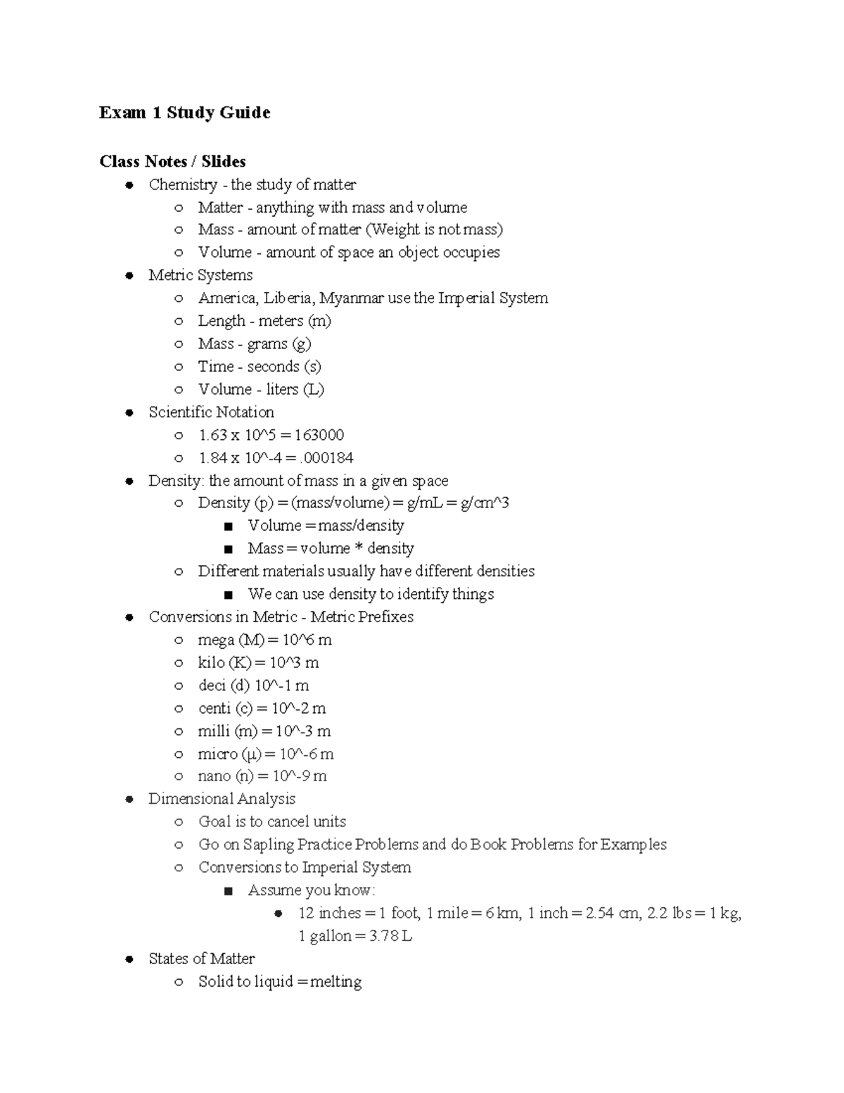 Chem 110 Notes (Exam 1) - Exam 1 Study Guide Class Notes / Slides ...