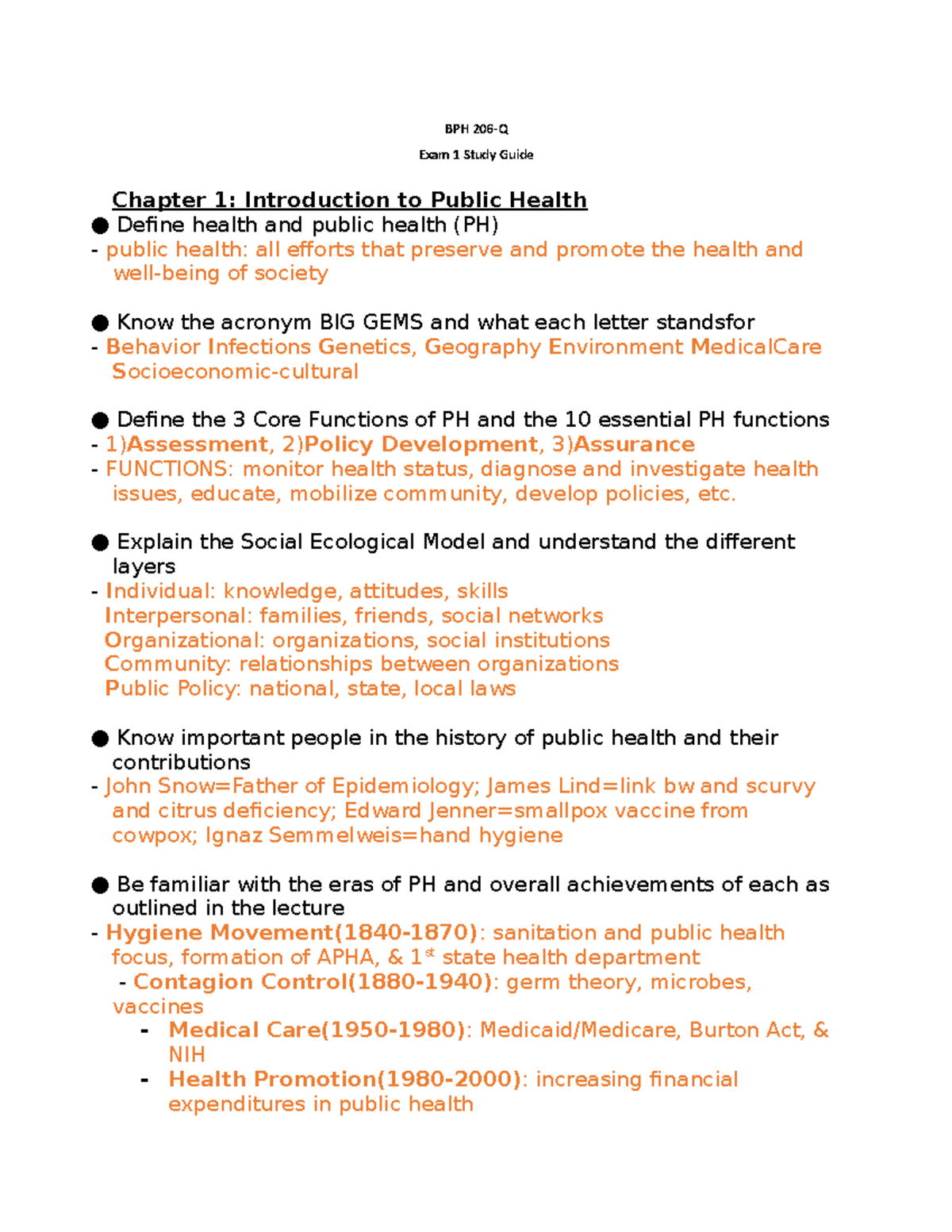 BPH TEST ONE - Review of test one. - BPH 206-Q Exam 1 Study Guide ...