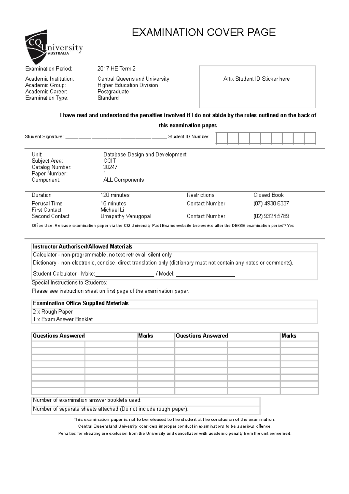 Exam July 2017, questions - EXAMINATION COVER PAGE Examination Period ...