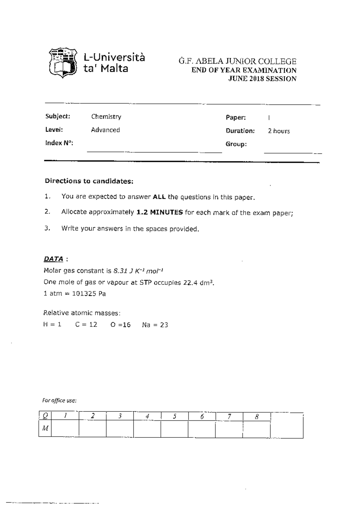 Chemistry-adv-2018 - Past papers and/or model answers - L-Università ta ...