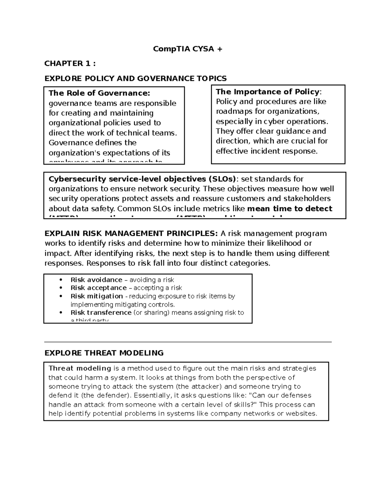 Comp TIA CYS1 - CompTIA CYSA + CHAPTER 1 : EXPLORE POLICY AND GOVERNANCE TOPICS EXPLAIN RISK ...
