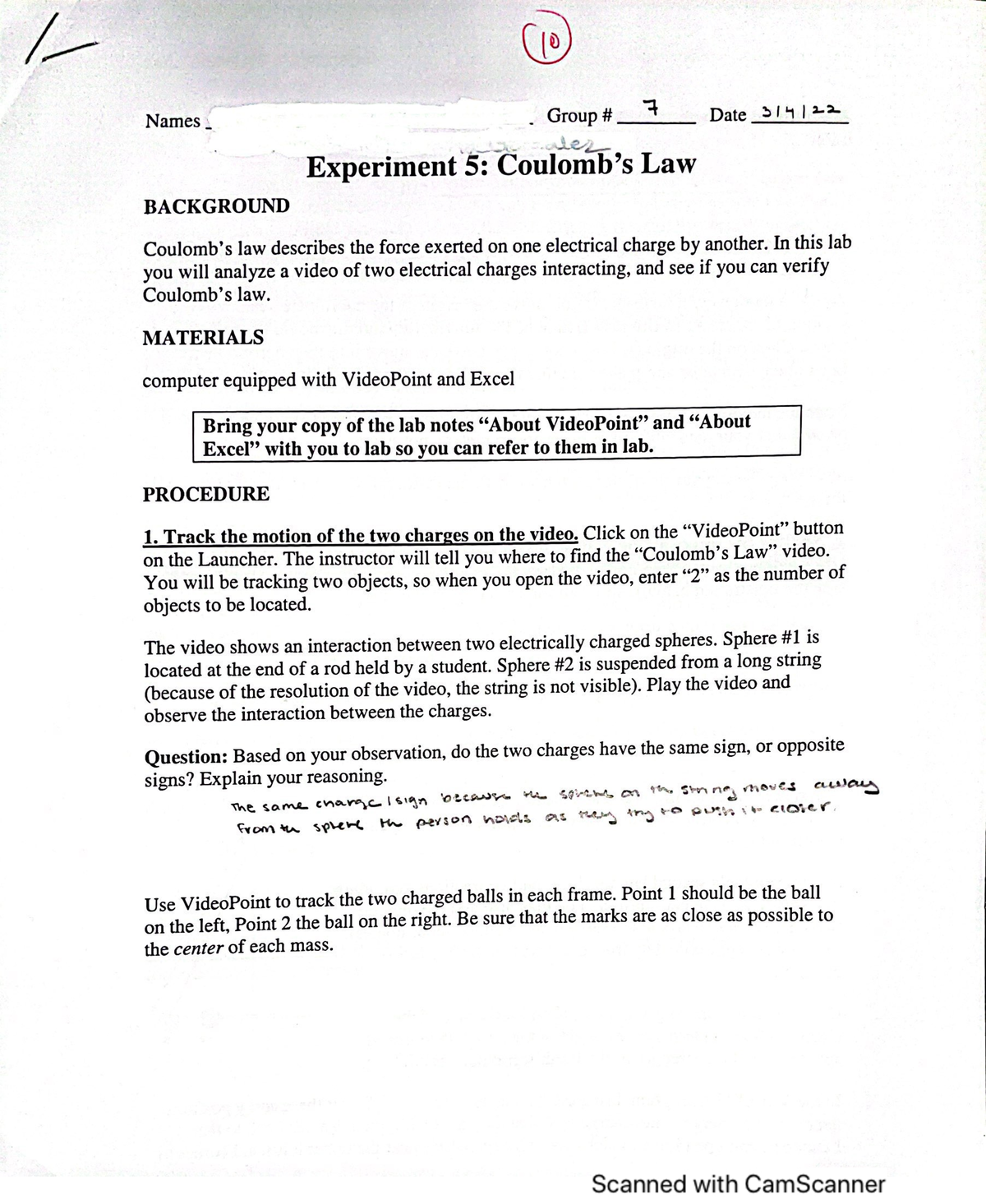 Physics 2 in class lab 5 - 10 Group 7 Names Date 314122 aler Experiment ...