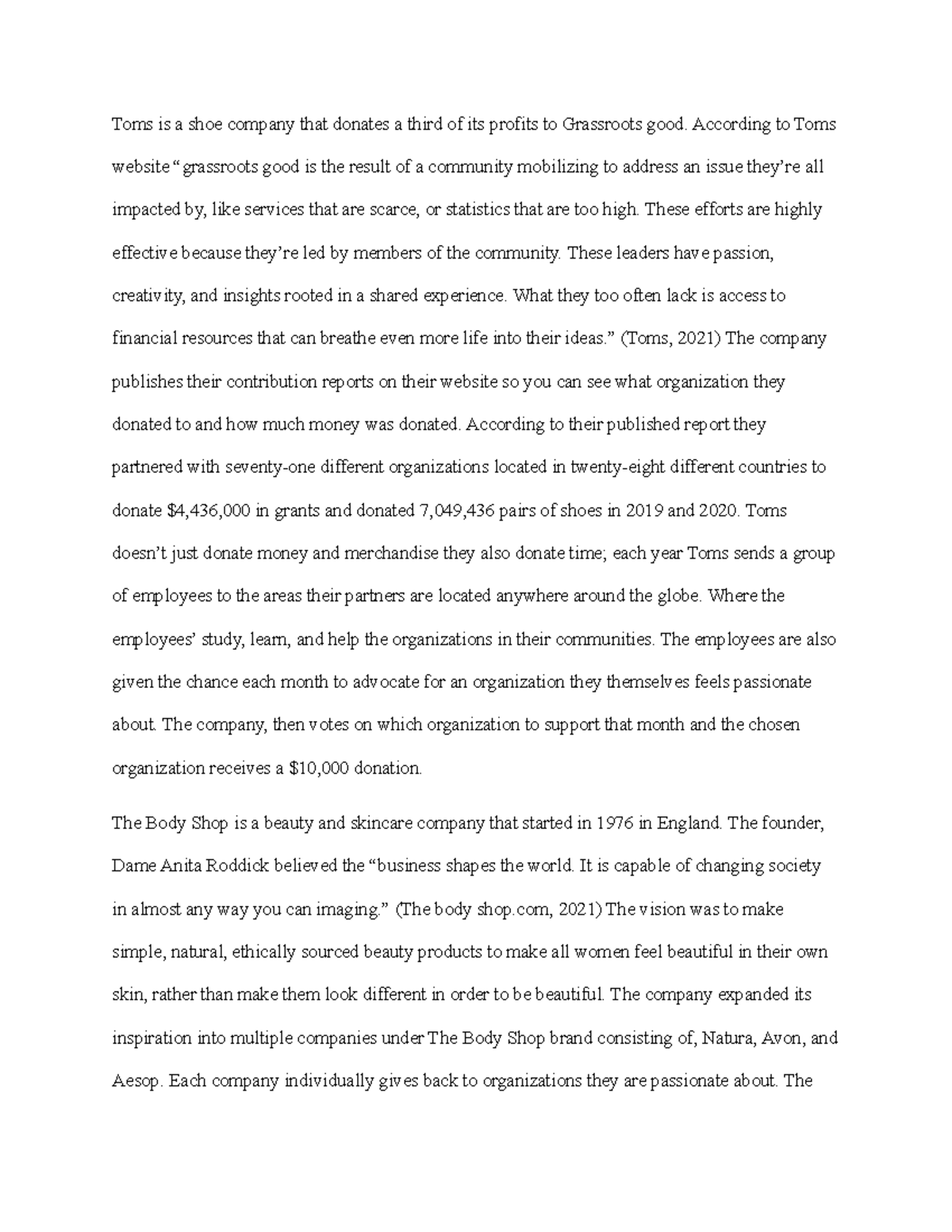 BUS 210 Module Five Assignment - Toms is a shoe company that donates a ...