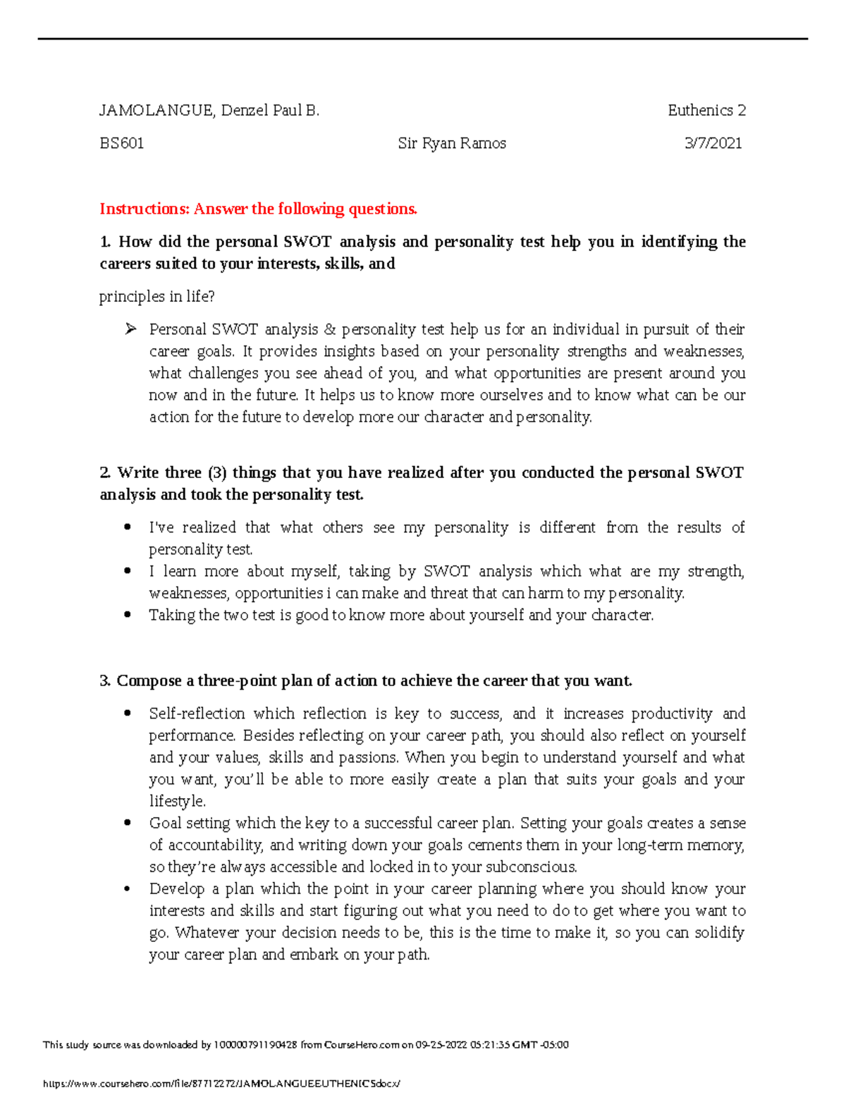 Jamolangue Euthenics - JAMOLANGUE, Denzel Paul B. Euthenics 2 BS601 Sir Ryan Ramos 3/7/ - Studocu