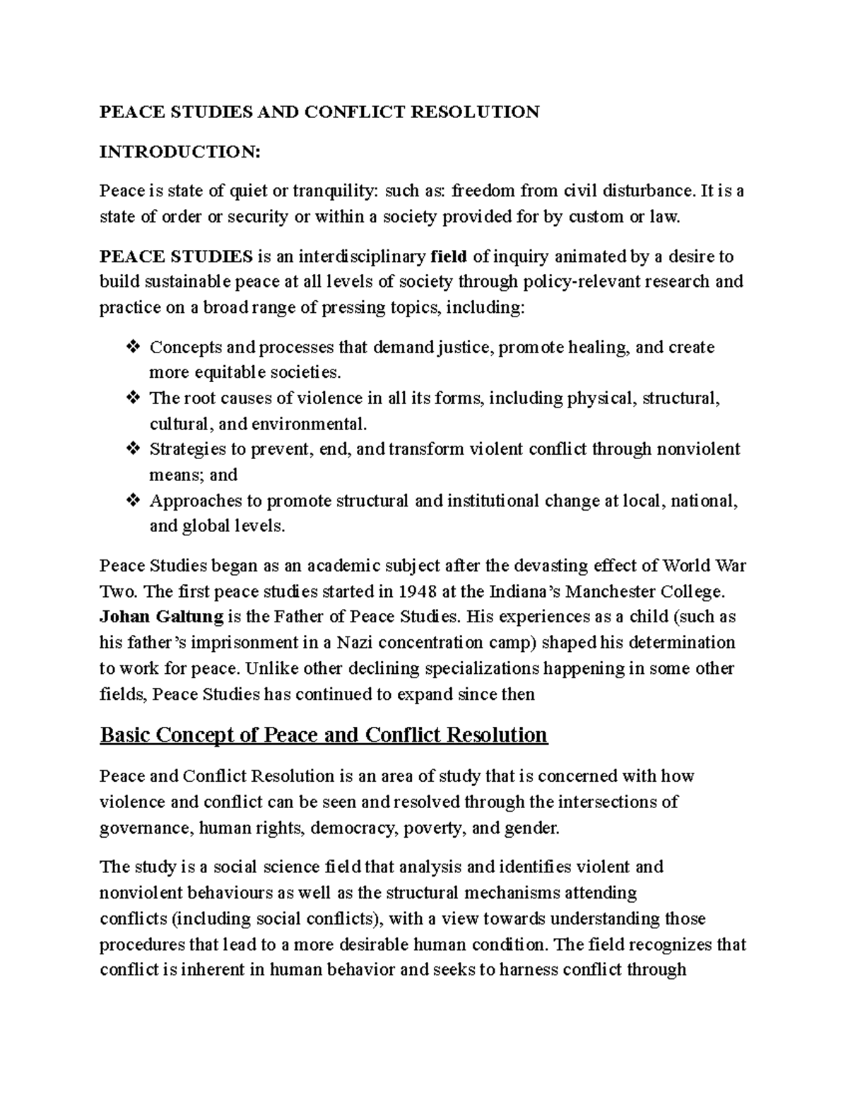 Notes on Peace Studies AND Conflict Resolution-segment 1 - PEACE ...