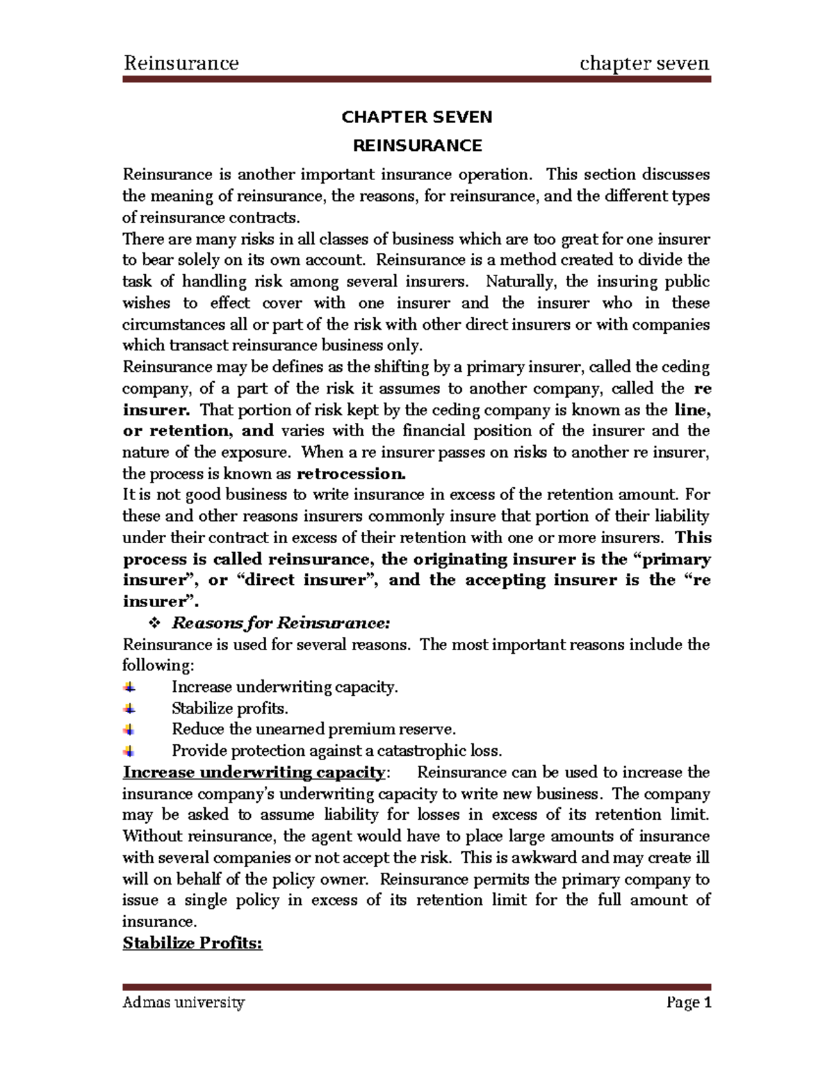 Chapter Sevenn - note - CHAPTER SEVEN REINSURANCE Reinsurance is ...