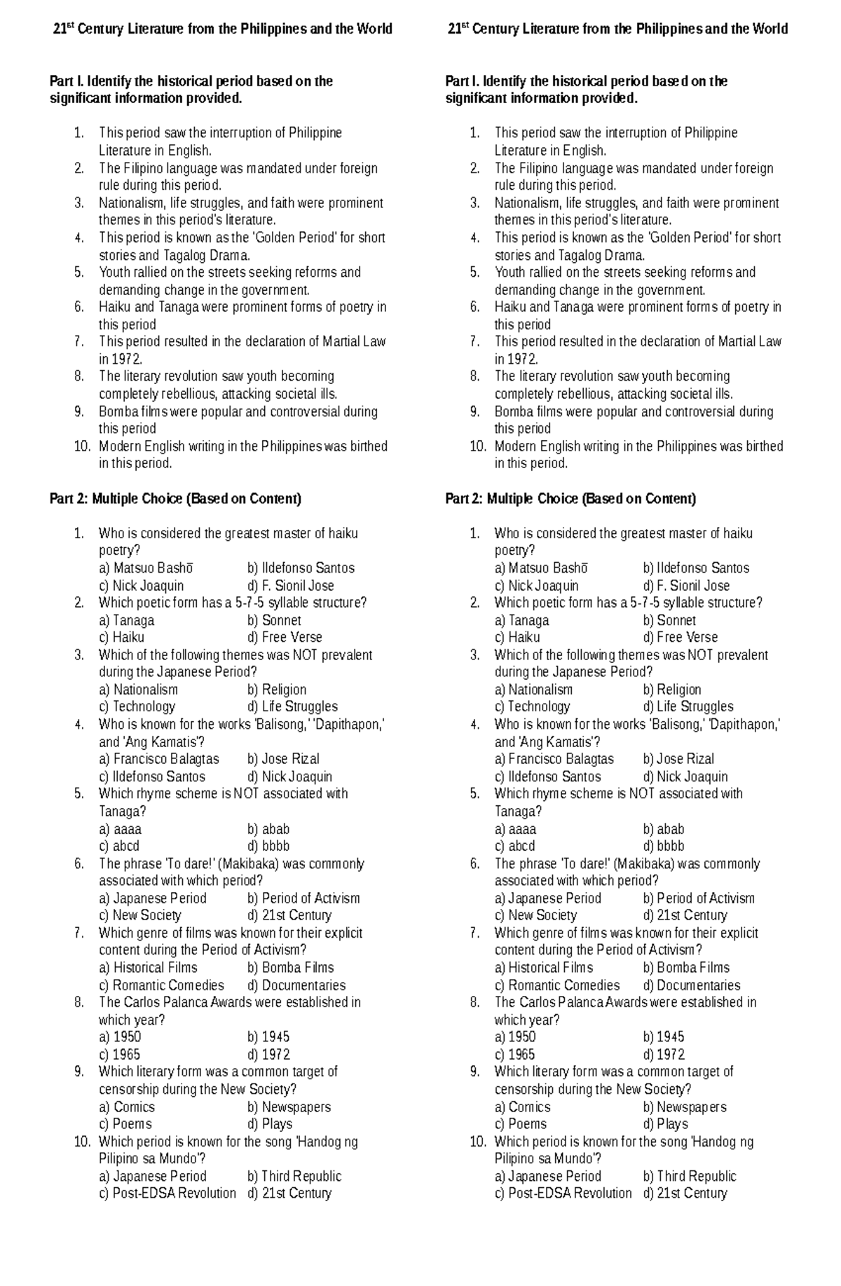 Quiz 2 Q1 - 21st Century Literature - 21 st Century Literature from the ...
