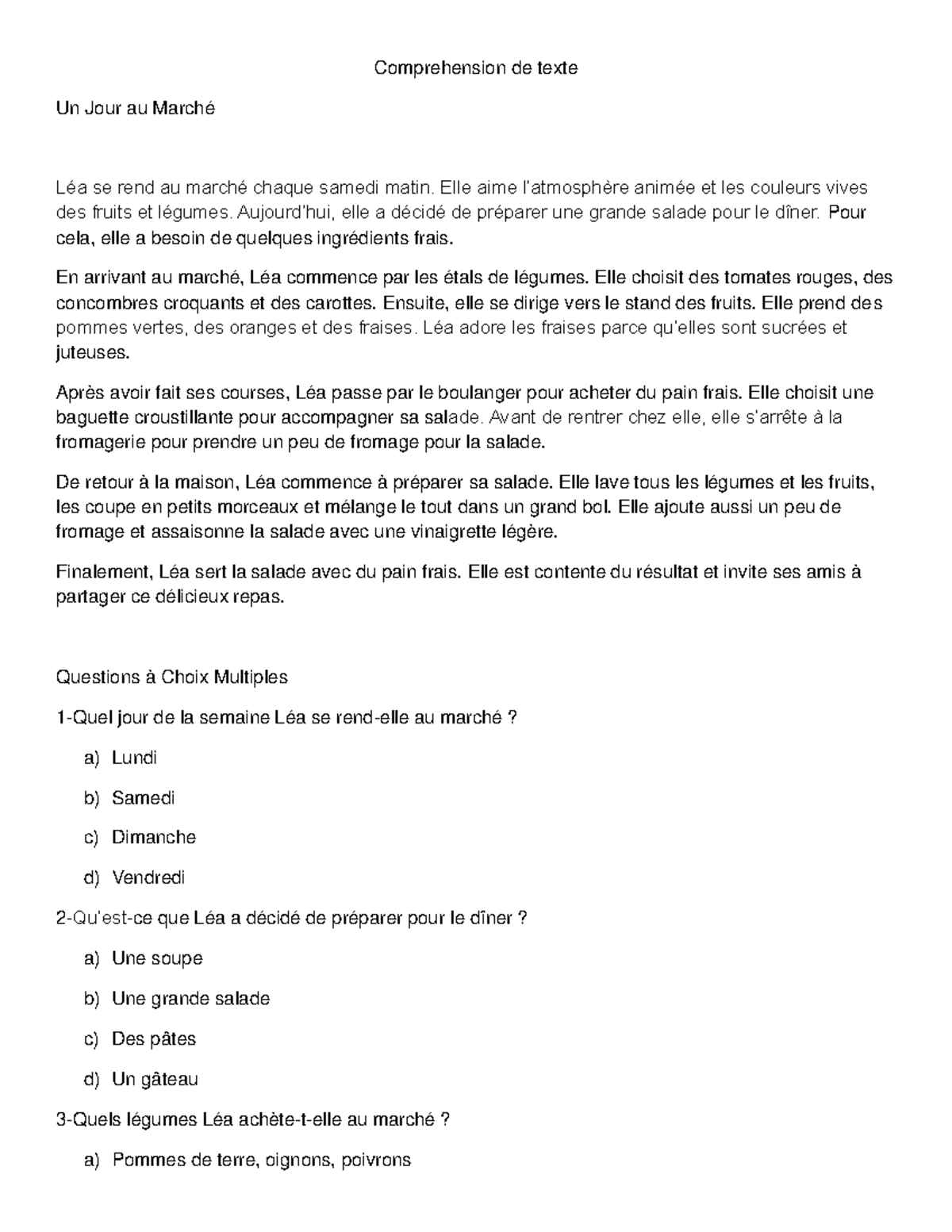 French worksheet grade 7 - Comprehension de texte Un Jour au Marché Léa ...