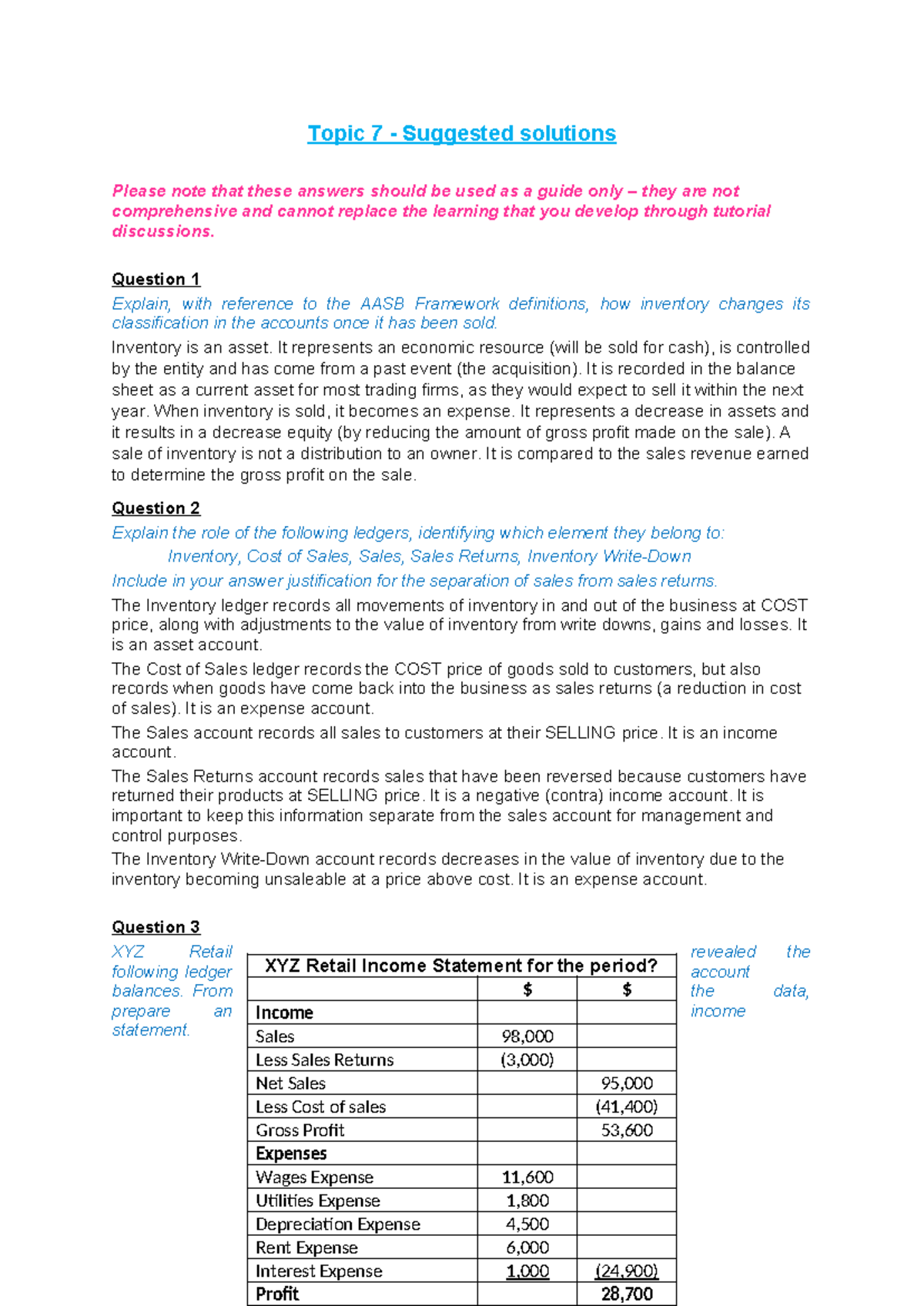 Topic 7 Tutorial Solutions - Topic 7 - Suggested solutions Please note ...