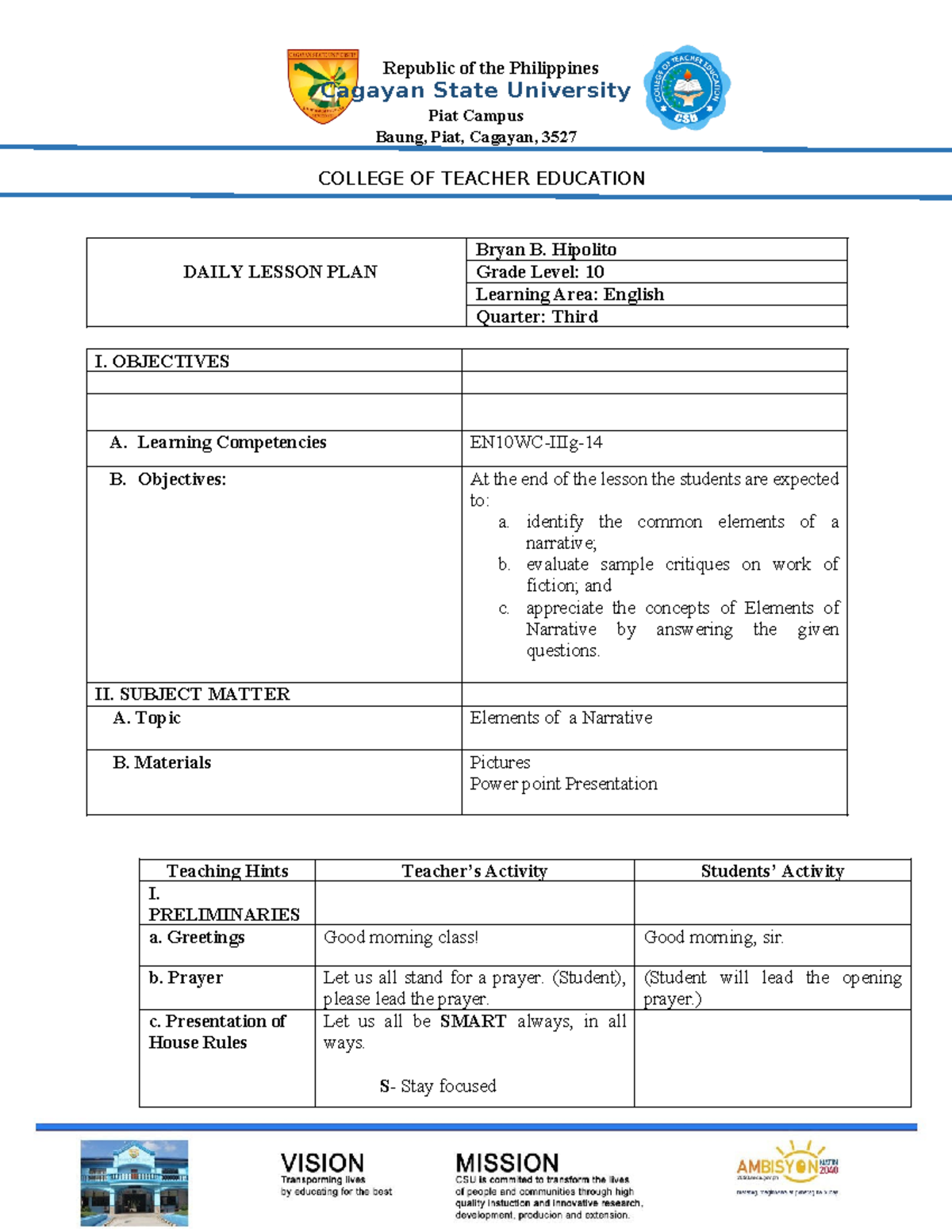 Lesson Plan on Elements of Narrative - COLLEGE OF TEACHER EDUCATION ...