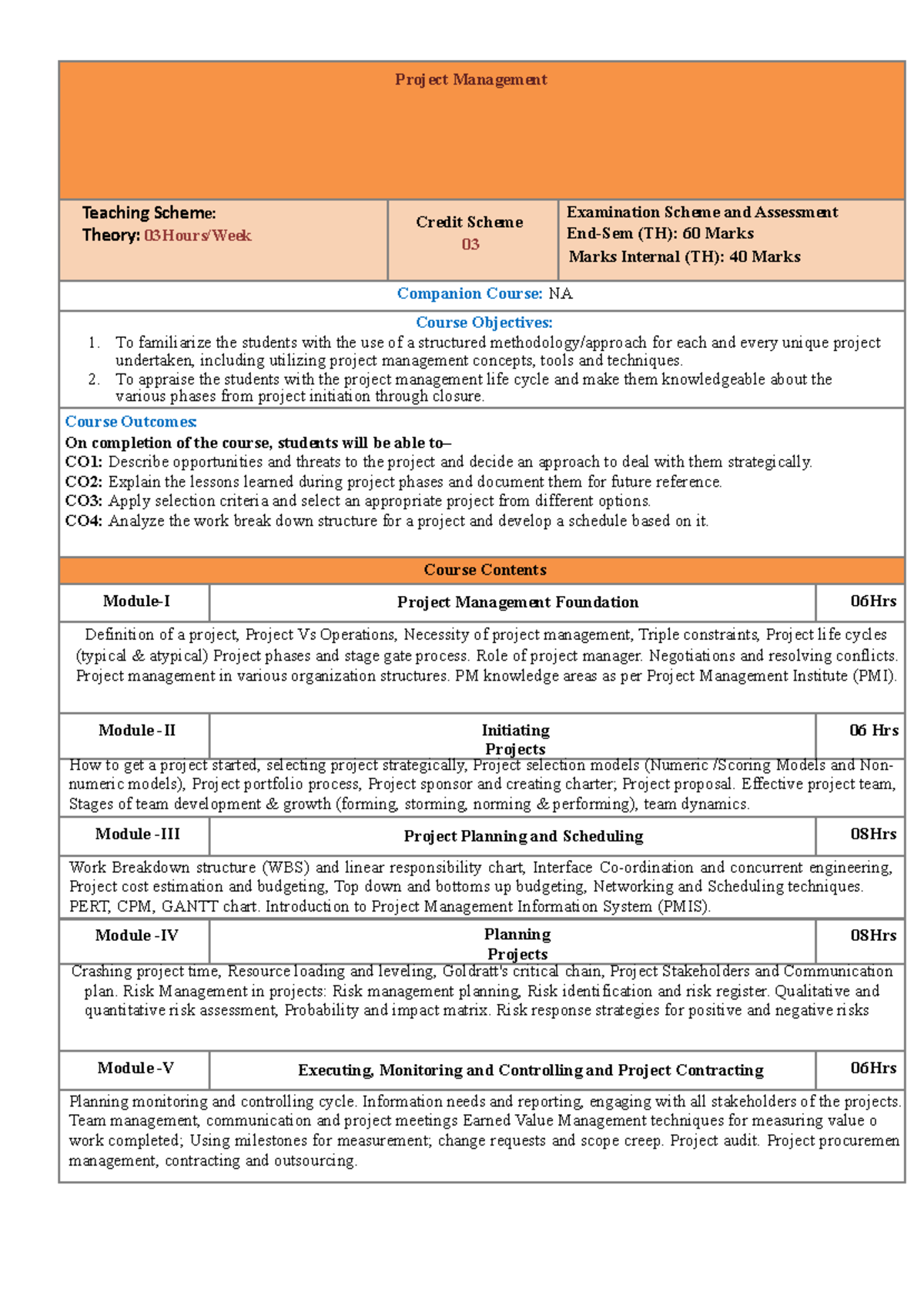 Project Management 1 - Project Management Teaching Scheme: Theory ...