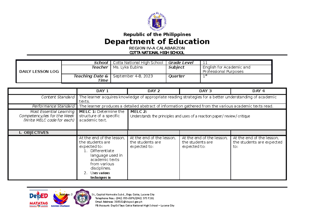 EAP-Week1 - Lesson Plan for Week 1 - Department of Education REGION IV ...