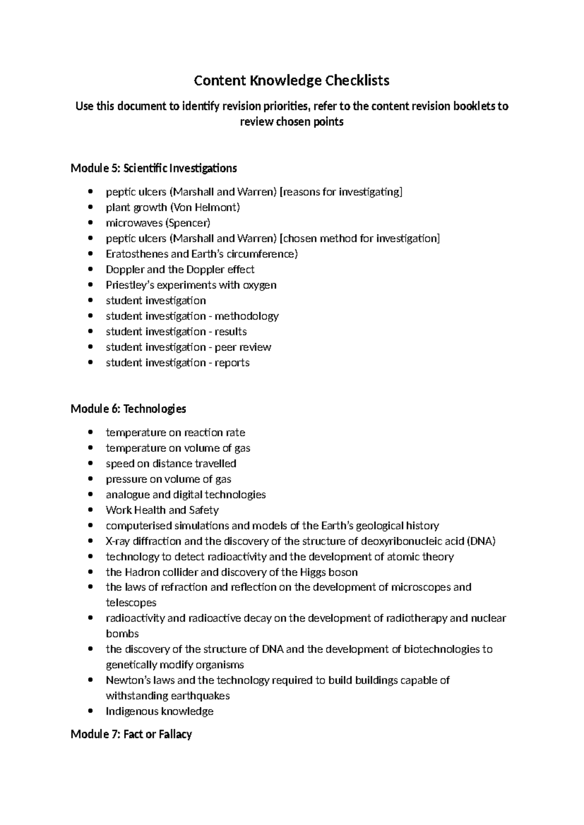 AT04 - Content Checklist - Content Knowledge Checklists Use this ...