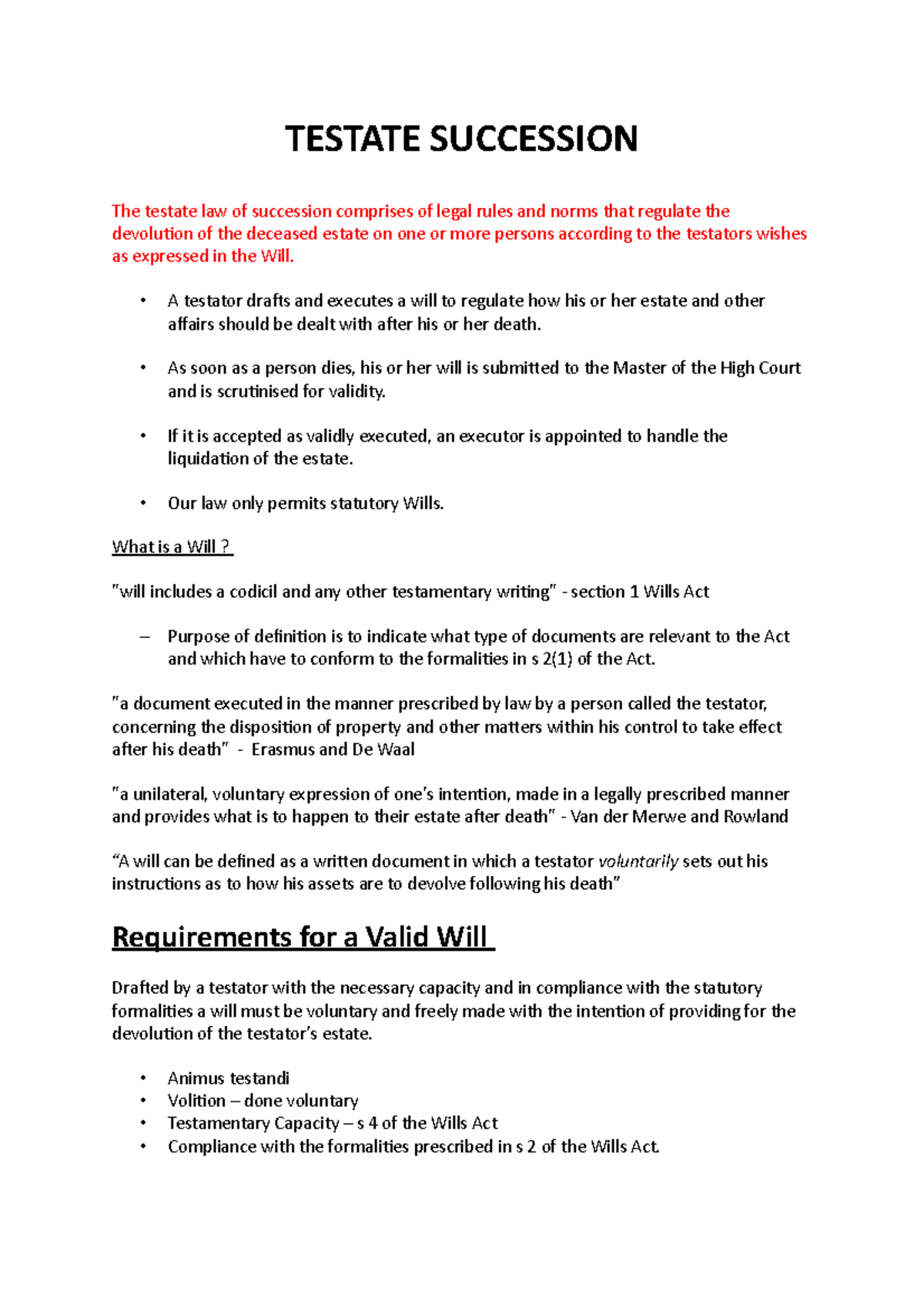 Testate Succession notes - TESTATE SUCCESSION The testate law of ...