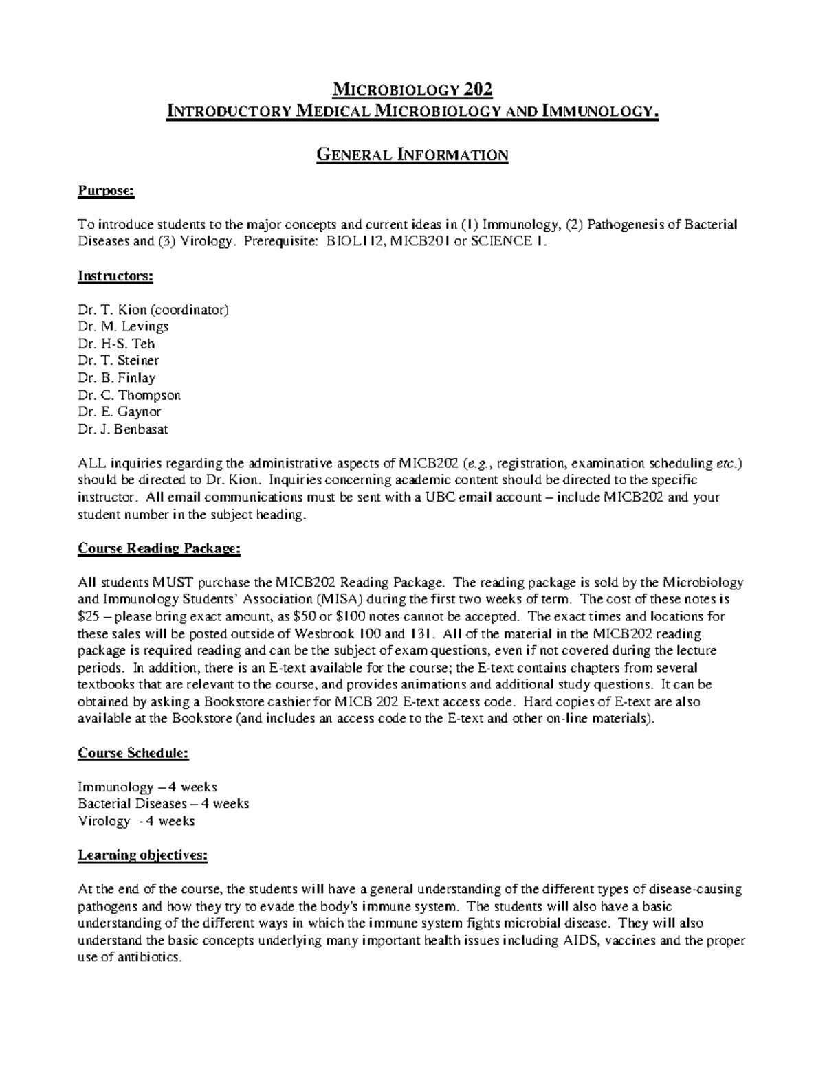 MICB 202 - Syllabus - MICROBIOLOGY 202 INTRODUCTORY MEDICAL ...