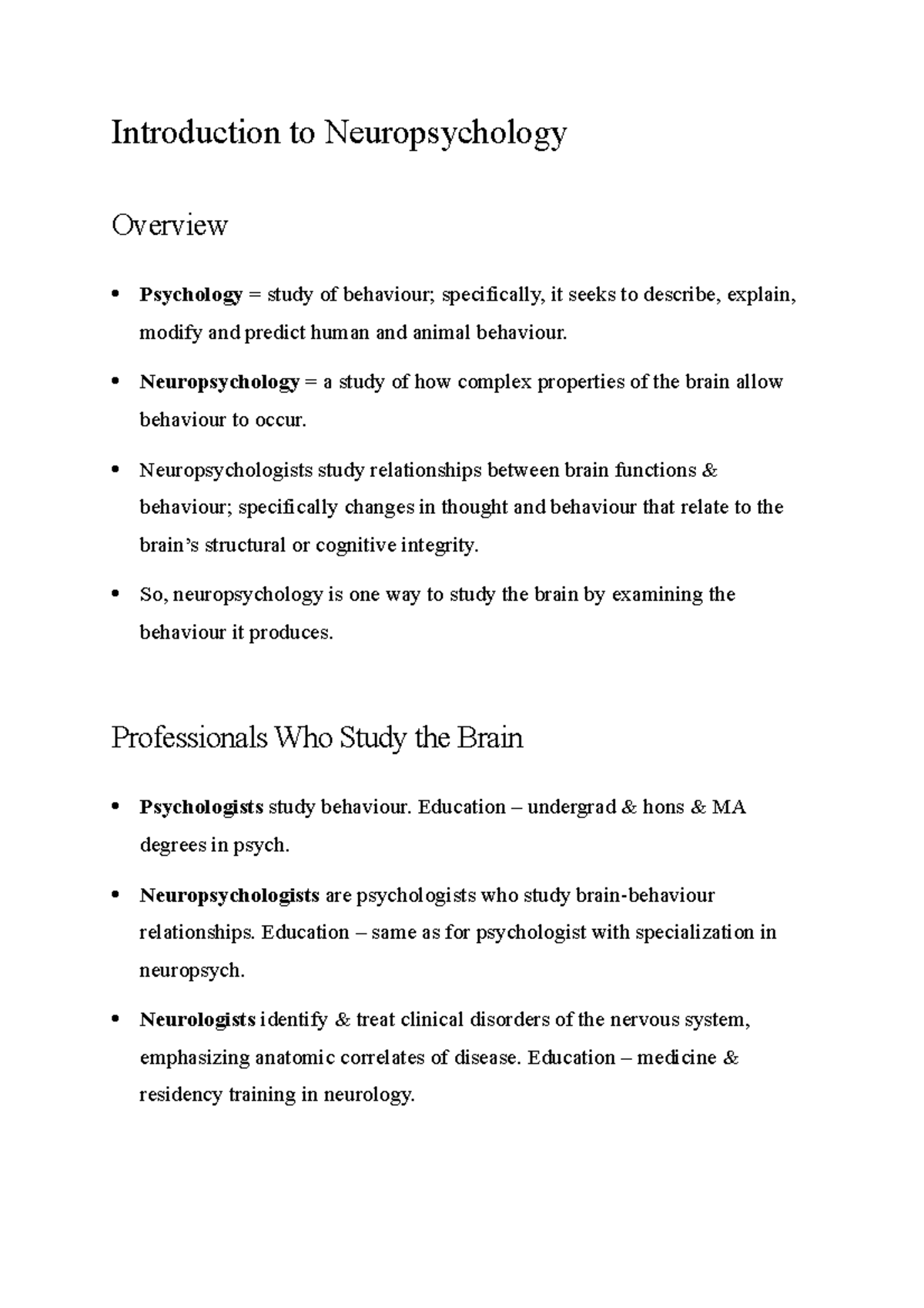 Unit 1 Opsomming - Introduction to Neuropsychology - Introduction to ...