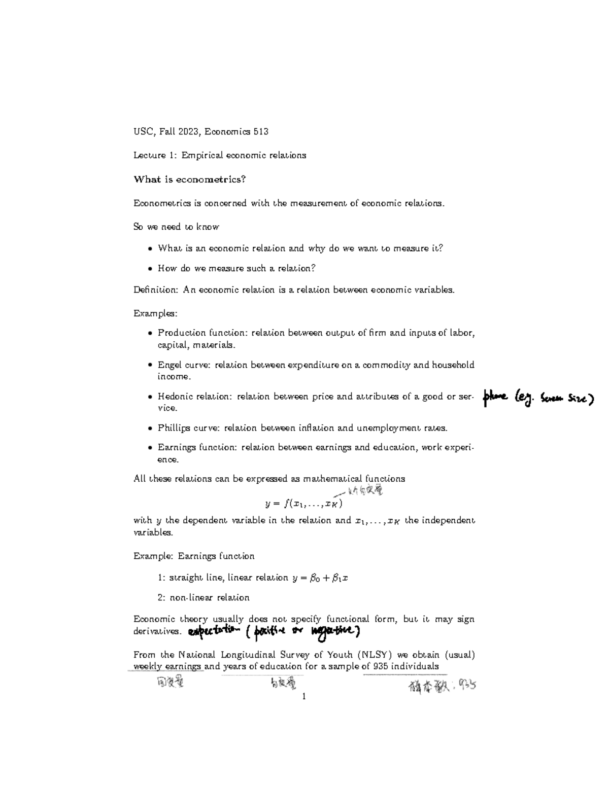 513 lecture 1 - USC, Fall 2023, Economics 513 Lecture 1: Empirical economic relations What is ...