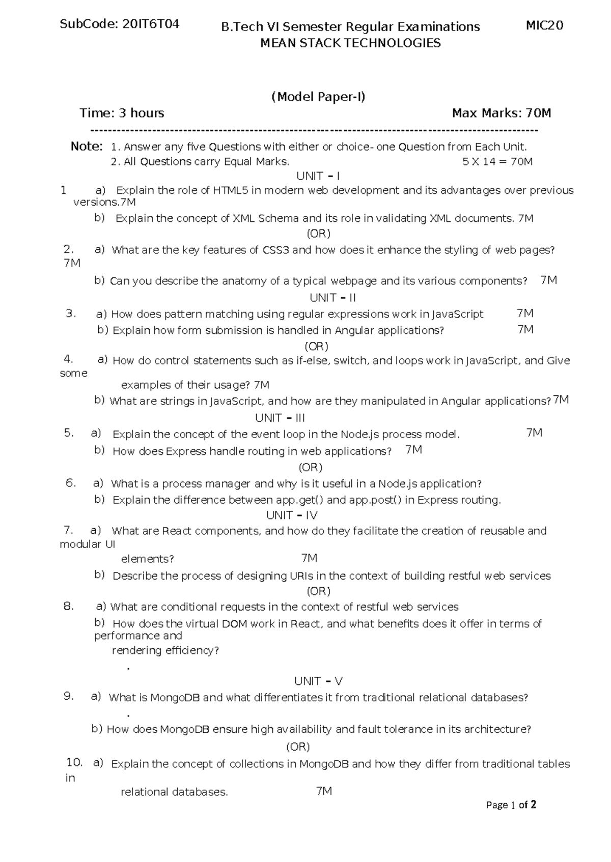 MST Model Paper-I - Good - B VI Semester Regular Examinations MEAN ...