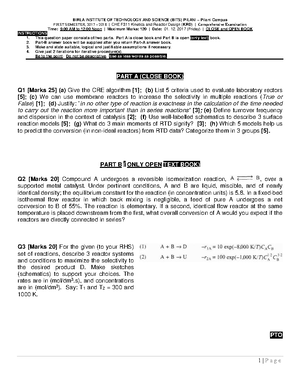 2022 KRD Midsem Part B - question paper - Kinetics and Reactor Design - Studocu
